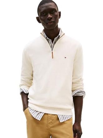 Tommy Hilfiger Pull &agrave; Manches Longues en Coton zipp&eacute; pour Homme, Bruy&egrave;re Blanche-Ne, Taille M