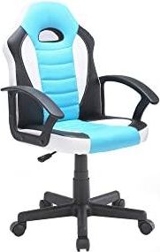 Dmora Sedia Con ruote Hervey, Poltrona da Gaming Ragazzo, Sedia da scrivania, 56x55h89/100 cm, Azzurro e Bianco