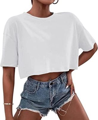 ORANDESIGNE Haut Sexy Femme Ete Court Tee Shirt Crop T-Shirts À Manches Courtes Chic Col Rond Tshirt Ample Lâches Décontracté Tunique Fluide T-Shirt Y2k Top A Bla