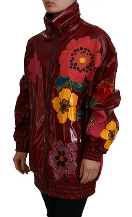 Dolce & Gabbana Maroon Floral Full Zip Polyester Women Jacket Polyurethane Clothing