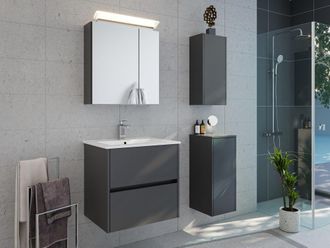 Magnolia Home Badm&ouml;belset Taifun 60cm 4tlg mit Spiegelschrank & 2X Badschrank Farbe Grafit