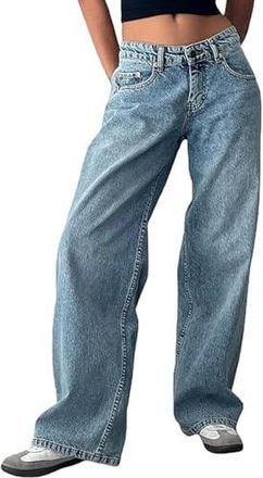 Generic Jean large pour femme - Taille basse Y2k - Baggy - Coupe ample - Coupe droite - Jambe large - Pantalon en jean extensible - Pantalon décontracté, Bleu