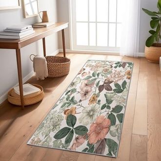 Generic Tapis Cuisine Devant evier, Rose Clair Couloir Antiderapant - Campagne française Vintage Botanique Floral Machine Doux, 80 x 150 cm Tapis Couloir pour