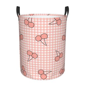 Generic Rosa Kirschen Auf Karo Aufbewahrungskorb Rund W&auml;schekorb Stehender W&auml;schebeh&auml;lter F&uuml;r W&auml;schekammer Waschk&uuml;che Kleidung