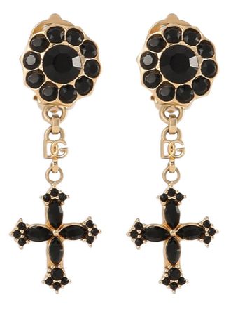Dolce & Gabbana Black Crystal Cluster Cross Earrings - Gold