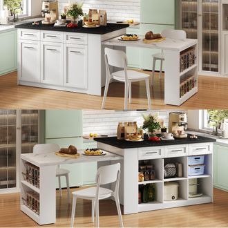 Generic Kücheninsel mit ausziehbarem Esstisch für 4-6 Personen, Aufbewahrungsschrank mit verstellbarem Regal, 2 Schubladen, platzsparend und flexibel für Küch