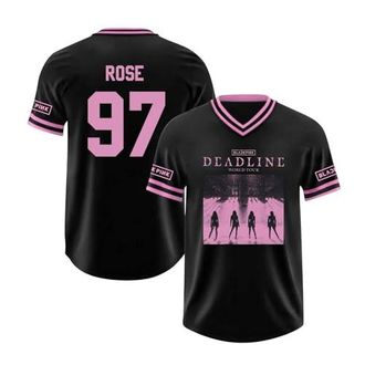 Generic Maillot de Baseball imprimé Noir et Rose Kpop Lisa Jennie Jisoo Rose, t-Shirt de Baseball Hip-hop à col en V pour Les Fans de Musique 05-2 S