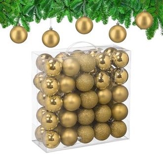 Relaxdays Weihnachtskugeln im 50er Set, Kunststoff, D: 6 cm, runde Weihnachtsbaumdeko, Baumschmuck bruchsicher, Gold