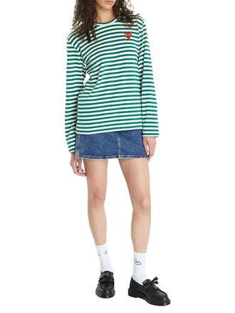 Comme Des Gar&ccedil;ons Striped Red Heart Logo T-Shirt - Green