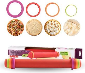 Mastrad Mastrad - Rouleau &agrave; P&acirc;tisserie Ajustable en Silicone Rouge - 4 Anneaux R&eacute;glables (2, 4, 6, 8 mm) - Rev&ecirc;tement 100 % Silicone - Corps Inox - Antid&eacute;rapa