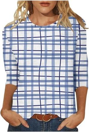 Generic T-shirt dété pour femme, col rond, rayé, imprimé ethnique, ample, décontracté, manches 3/4, t-shirt à manches longues en coton pour femme, bleu clair,