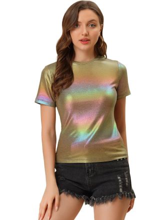 Allegra K Damen Party Metallic Strukturiertes Kurzarm Gl&auml;nzendes Multicolor TopRegenbogen Small