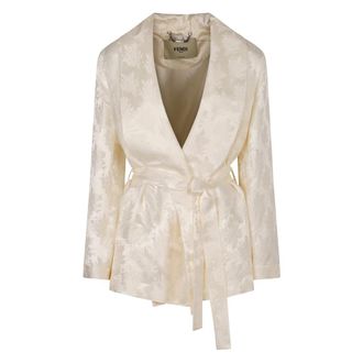 Fendi Seiden Jacquard Jacke mit Tailleng&uuml;rtel - - Jackets - Damen - Wei&szlig; - XS