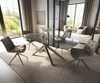DELIFE Esstisch Edge Boot 180-220x100 cm Keramik Emperador Extra Lucidato Dunkelbraun Kreuzgestell Rechteck Effektfinish Titan ausziehbar, Esstische