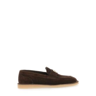 Dolce & Gabbana Mocassins marron avec plaque logo sur le devant et coutures contrast&eacute;es en daim pour femme - Femme - Chaussures - Brun - Taille: 38 EU