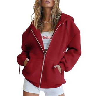 Generic Veste &agrave; capuche zipp&eacute;e doubl&eacute;e en polaire pour femme, sweat surdimensionn&eacute; d&eacute;contract&eacute; avec poche, Rouge, 3XL