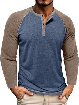 Generic DENGJIAMY Henley T-shirt à manches longues tendance vintage avec boutons et col en V pour homme, Z31 Bleu, XXL