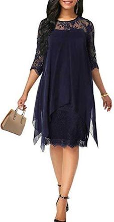 Minetom Robe Femme Mariage Robe De Cocktail Soirée Bal en Dentelle Elegante Mousseline 3/4 Manches Courte Promo Demoiselle Honneur pour Fête Cérémonie Anniver