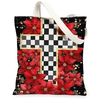 Generic Sacs fourre-tout en toile de poinsettia de No&euml;l, motif floral, r&eacute;utilisables, vintage, l&eacute;gers et lavables, en toile pour voyage, 33 x 38 cm