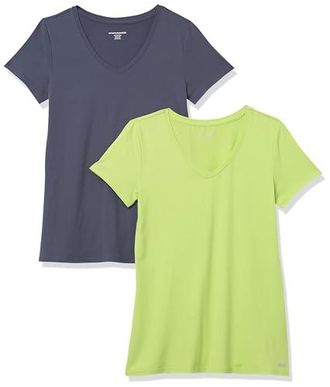 Amazon Essentials T-shirt Stretch et Quick Dry, Col en V et Manches Courtes (Disponible en Grande Taille) Femme, Lot de 2, Gris Ardoise/Vert Citron, S