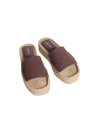 Calvin Klein Pantolette CALVIN KLEIN FLATF ESPA MULE NUB MG, Damen, Gr. 37, pfeffer, braun, Nubukleder, Schuhe Pantolette, Sommerschuh, Strandschuh, Schlupfschuh m
