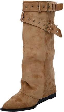 Generic Bottes hautes au genou pour femme - Larges mollets - Longues bottines &eacute;l&eacute;gantes &agrave; bout pointu - Boucle &agrave; talon &eacute;pais - Confortables &agrave; enfiler - Bottes