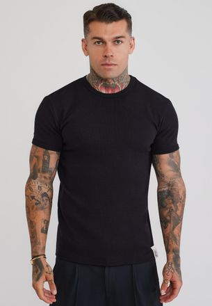 Siksilk Herren Schwarzes Waffel Muscle Fit T-Shirt M