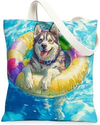 Generic Sac fourre-tout amusant en toile motif chien malamutes de lAlaska 33 x 38 cm, sac &agrave; bandouli&egrave;re r&eacute;utilisable pour femme, peinture danimaux domestiques