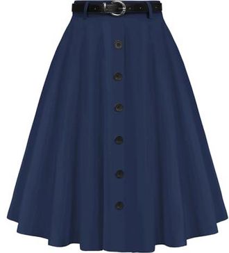 Belle Poque Jupes plissées évasées vintage taille haute avec poches et ceinture pour femme, bleu marine, XXL