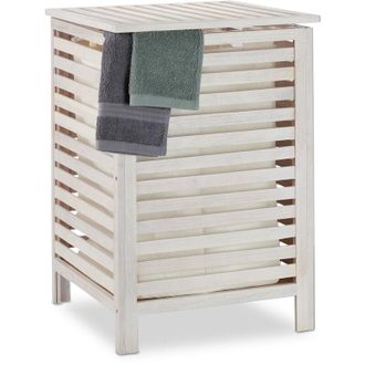 Relaxdays Panier &agrave; linge en noyer, corbeille &agrave; v&ecirc;tements avec couvercle, 52 l, vintage, sac amovible, blanc - Relaxdays