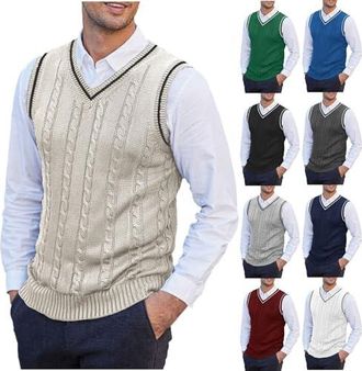 Generic Gilet en tricot pour homme col en V sans manches en laine gilet de couleur unie gilet d&eacute;contract&eacute; pull uni d&eacute;bardeur tricot&eacute; torsad&eacute; coupe r&eacute;guli&egrave;re g