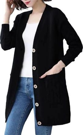 Generic Cardigan dhiver vintage r&eacute;tro tricot&eacute; avec col en V et poches unies pour femme, noir, Taille XS