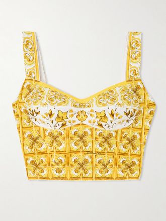 Dolce & Gabbana Haut Façon Corset Raccourci En Popeline De Coton Mélangé Imprimée Maiolica - Jaune
