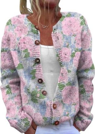 Onsoyours Femme Cardigan Manches Longues Mode Veste Courte Lâché Gilets en Tricot Imprimé Chandail Chaud Bouton Ouvert Blouson Sweater Automne Hiver Manteau Cha