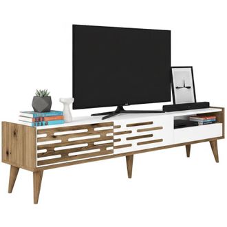 Dmora Fernsehschrank Dbrunozz, St&auml;nder f&uuml;r Wohnzimmerfernseher, Niedriges Wohnzimmer-Sideboard, TV-St&auml;nderbasis, 180x45h35 cm, Wei&szlig; und Walnuss - Dmora
