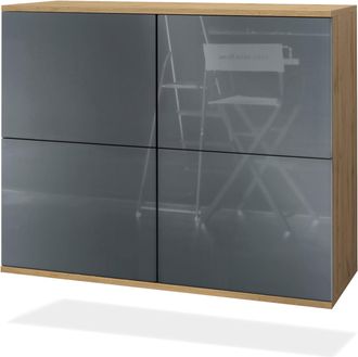 Vladon Kommode Rova V3, Moderner Küchenschrank mit 4 Push-to-Open Türen Eiche Evoke/Grau Hochglanz (92,5 x 73.5 x 35)
