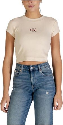 Calvin Klein Jeans Femme, Tops, Beige, Taille: 40 FR T-Shirt &agrave; Manches Courtes et Col Rond