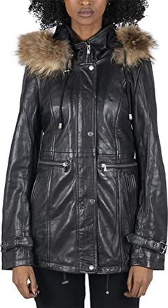 TruClothing Parka pour Femme Veste en Cuir véritable Longueur 3/4 avec Capuche fourrée et Fermeture éclair - Noir L