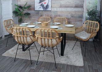 Mendler 6er-Set Esszimmerstuhl HWC-P17, Küchenstuhl Korbstuhl Rattansessel Rattanstuhl Stuhl, Kubu Rattan Metall - Polster Creme