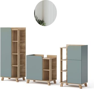 Vicco Badmöbel-Set Sonoma/Blau Karen, bestehend aus Badspiegelschrank, Waschbeckenunterschrank, Midischrank, Hochschrank - Offene und geschlossene Fächer fü