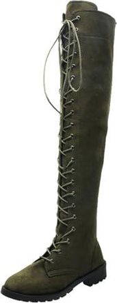 Generic Bottes à lacets pour femme au-dessus du genou élégantes à talon bas épais fermeture éclair latérale extensibles confortables antidérapantes bottes déq