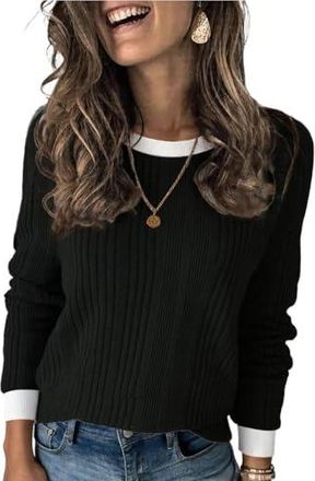 TOMWELL Pull Femme Col Rond Chic Pulls Automne Hiver Manches Longues Sweats Classique Shirt A Noir L