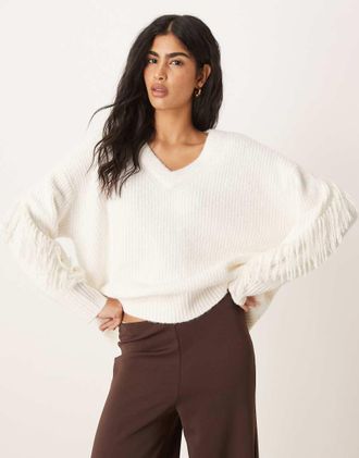 Abercrombie & Fitch Pull oversize en maille &agrave; col V - Cr&egrave;me-Blanc