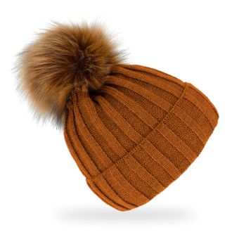 Fiebig Strickm&uuml;tze mit Kunstfell Bommel | M&uuml;tze aus Wolle mit Fleece-Futter | Beanie Made in Europe (Zimt)