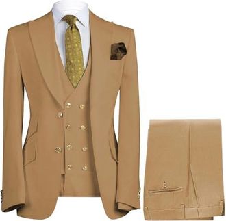 Generic Costume 3 pi&egrave;ces &agrave; double boutonnage pour homme - Veste et pantalon - Revers en pointe - Pour mariage, bal de fin dann&eacute;e, kaki, 3XL