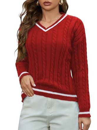 Generic Pull d&eacute;contract&eacute; &agrave; manches longues et col en V pour femme - Pull tendance en tricot torsad&eacute; c&ocirc;tel&eacute; &agrave; &eacute;paules tombantes - Haut Preppy ray&eacute; aux couleurs