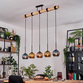 HOFSTEIN Pendelleuchte Koyoto, 5-flammige H&auml;ngelampe aus Metall/Holz/Riffelglas in Schwarz/Natur/Blau/Gold/Kupfer, H&auml;ngeleuchte im Boho/Retro-Design mit Holzst