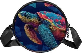 Generic Sac &agrave; bandouli&egrave;re rond pour femme, petit sac &agrave; bandouli&egrave;re color&eacute; tortue de mer avec fermeture &eacute;clair, bretelles r&eacute;glables, sac &agrave; main rond d&eacute;contract