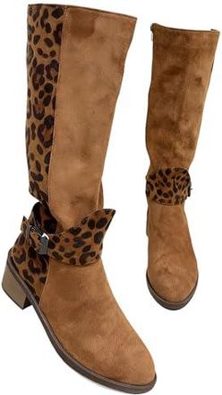 Generic Bottes déquitation décontractées à imprimé léopard pour femme, mollet large pour lautomne et lhiver, chaussures tendance à talon bas pour un usage quo