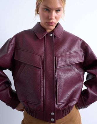 Topshop Bomber oversize zipp&eacute; coupe carr&eacute;e bouffante en similicuir - Bordeaux-Rouge